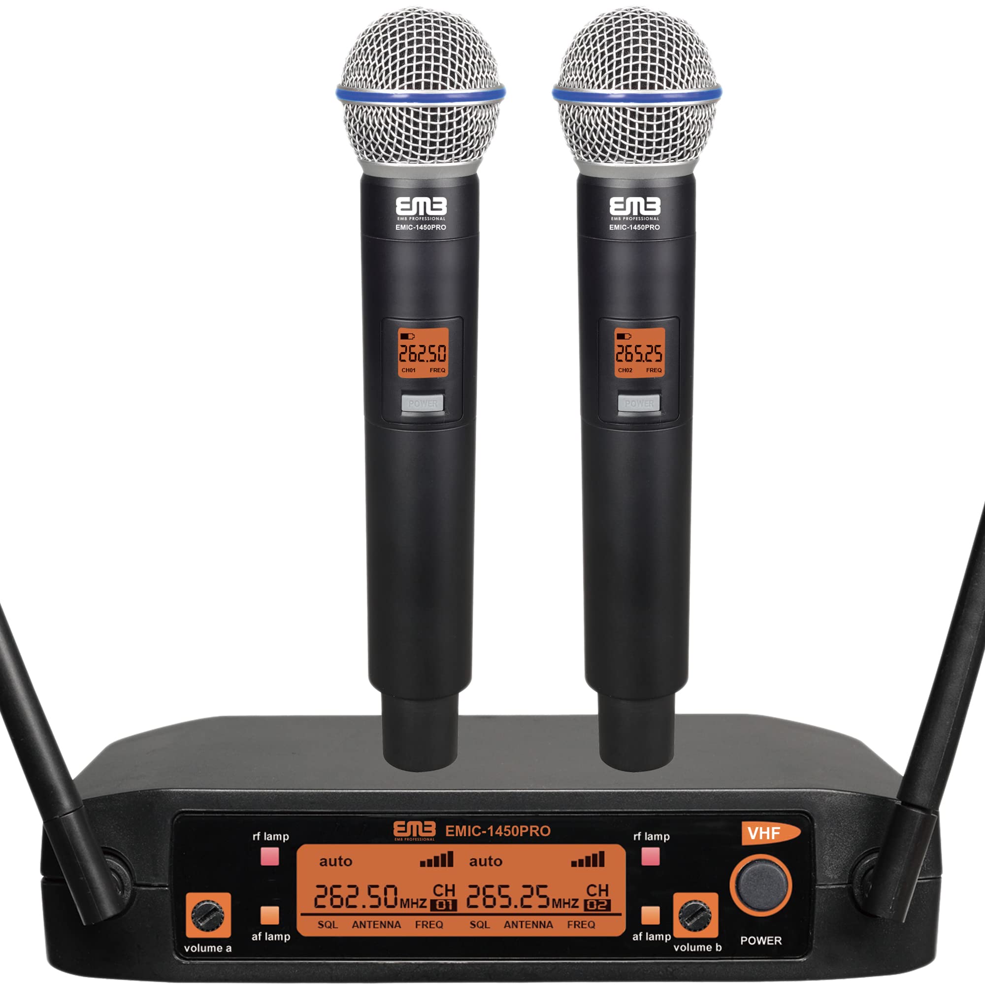 EMB EMIC1450PRO Dual VHF Wireless Handheld Microphone System w/Recharg ...